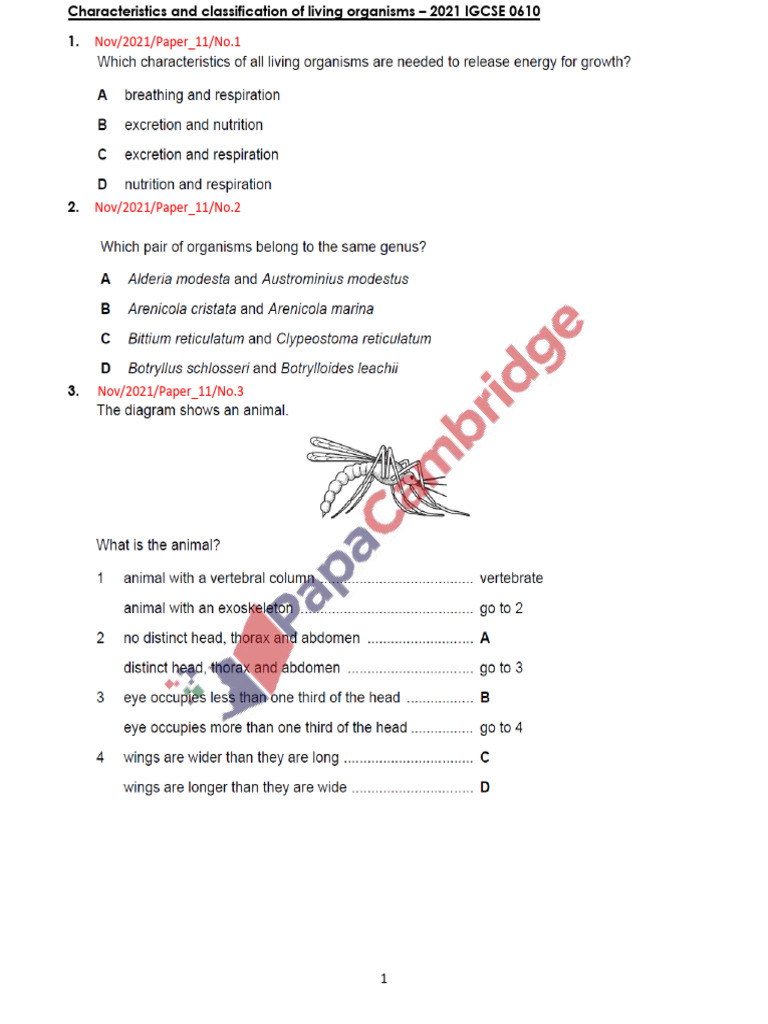 2021 Characteristics and Classification of Living Organisms IGCSE 0610 | PDF