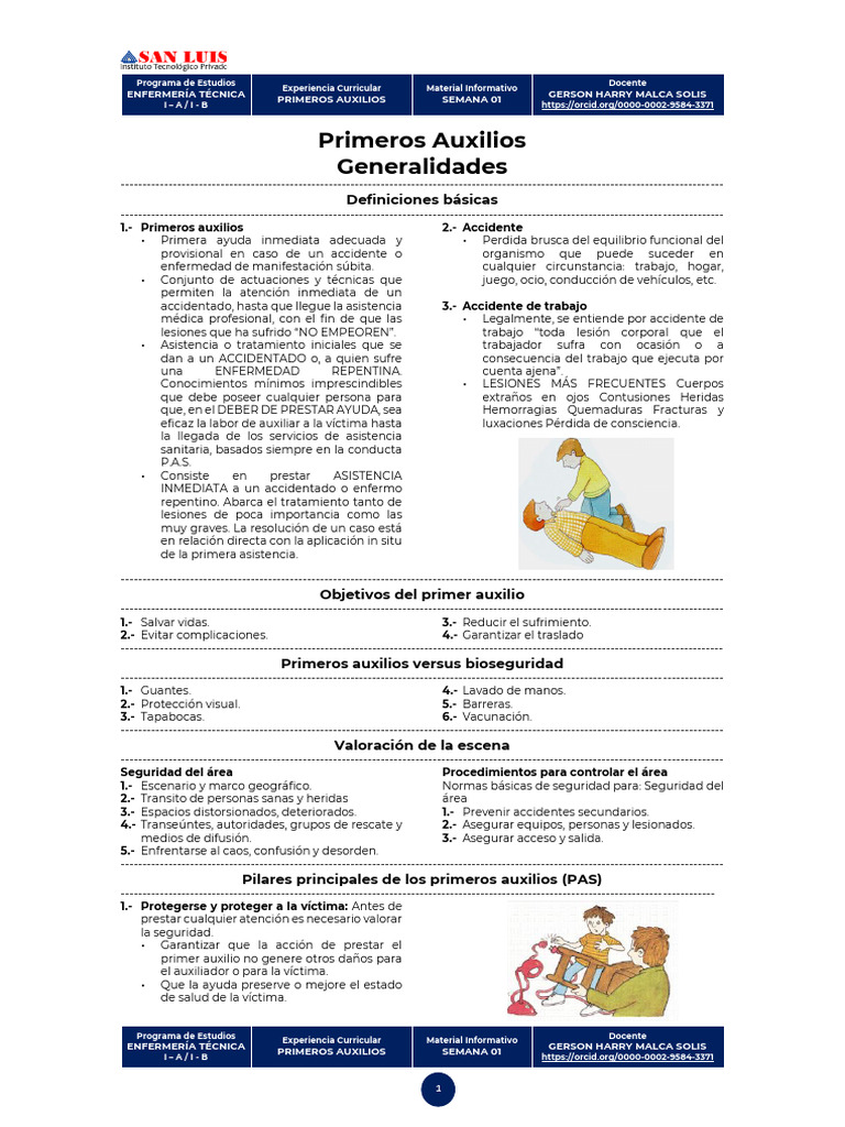 Semana 01. Generalidades en Primeros Auxilios | PDF | Primeros auxilios | Cuidado de la salud