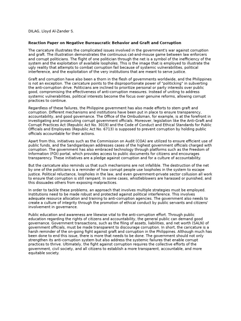 Reaction Paper On Negative Bureaucratic Behavior and Graft and ...