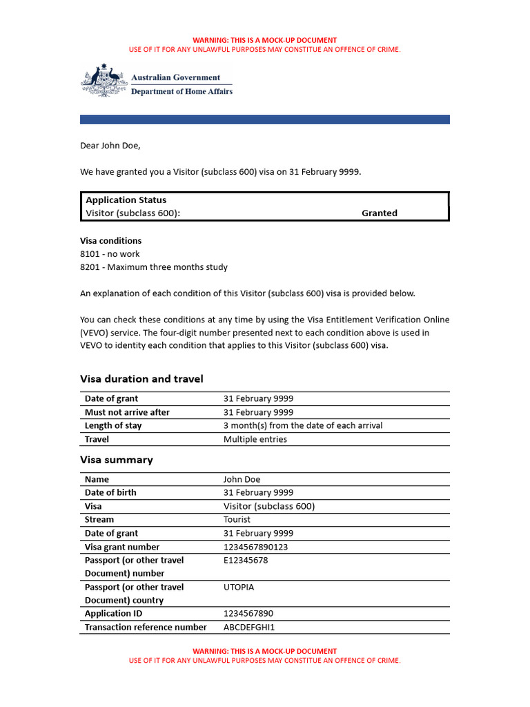 Mockup Electronic Australian Visa | PDF