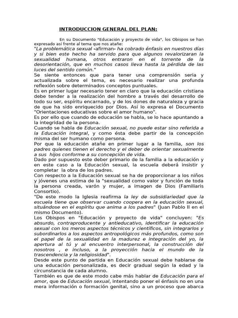 Contenidos Del Plan ESI | PDF | Amor | Educación sexual