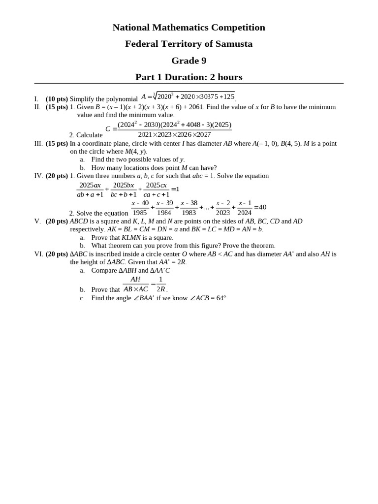 National Mathematics Competition FSM | PDF | Circle | Mathematics