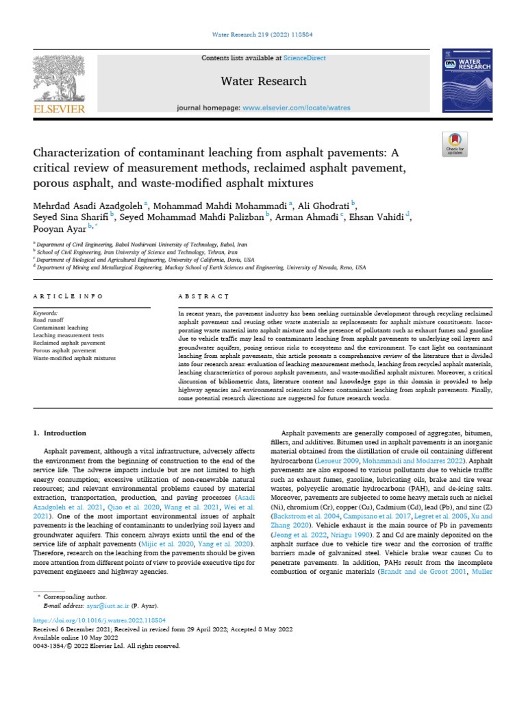 01 Characterization of Contaminant Leaching From Asphalt Pavements ...