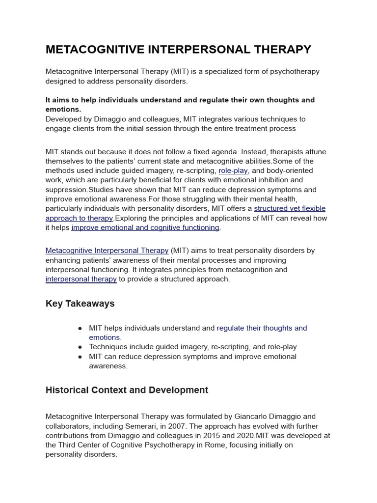 Metacognitive Interpersonal Therapy | PDF | Psychotherapy | Metacognition