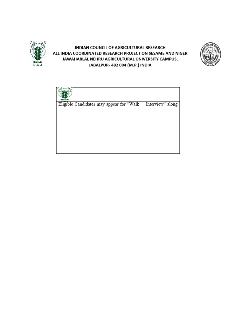 ICAR JNKVV Senior Research Fellow SRF and Lab Assistant. Notice 2025 | PDF