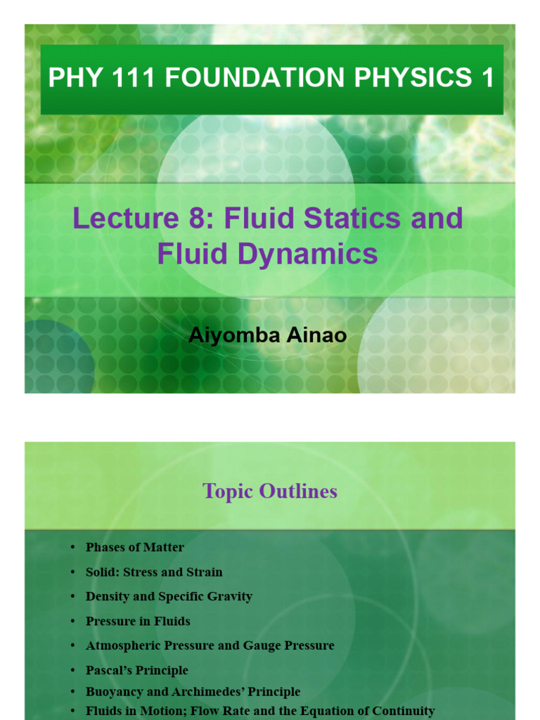 PHY 111 Lecture 8 [Compatibility Mode] | PDF | Pressure | Fluid Dynamics