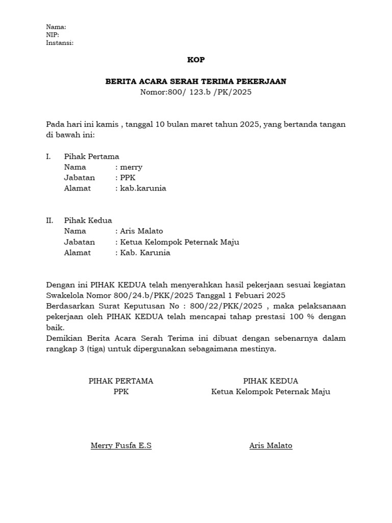 Lampiran 11 - Berita Acara Serah Terima (BAST) Swakelola Tipe IV | PDF