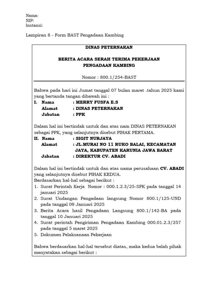 Lampiran 7 - Form BAST Pengadaan Kambing | PDF