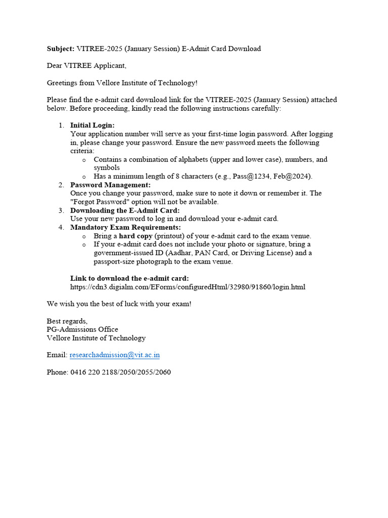 VITREE-2025 E-Admit Card Instructions | PDF