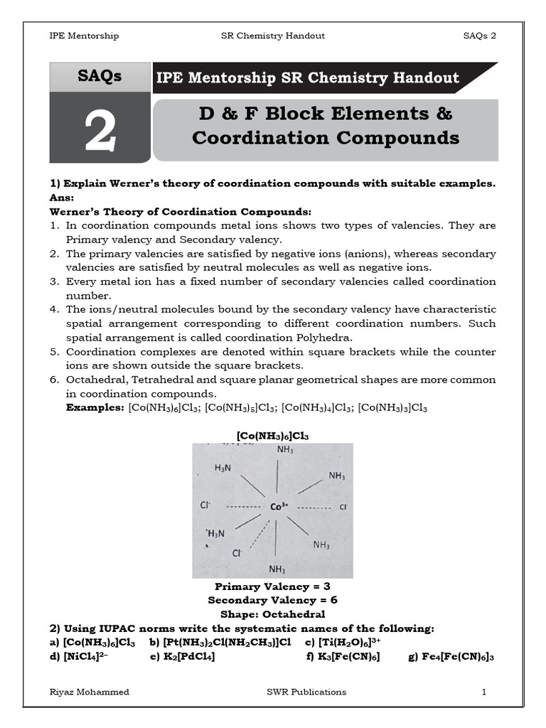 D & F Block Elements & Coordination Compounds SAQs Handout SWR | PDF | Coordination Complex | Ligand