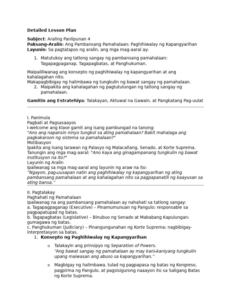 Detailed Lesson Plan Subject Paksang-Aralin Layunin | PDF