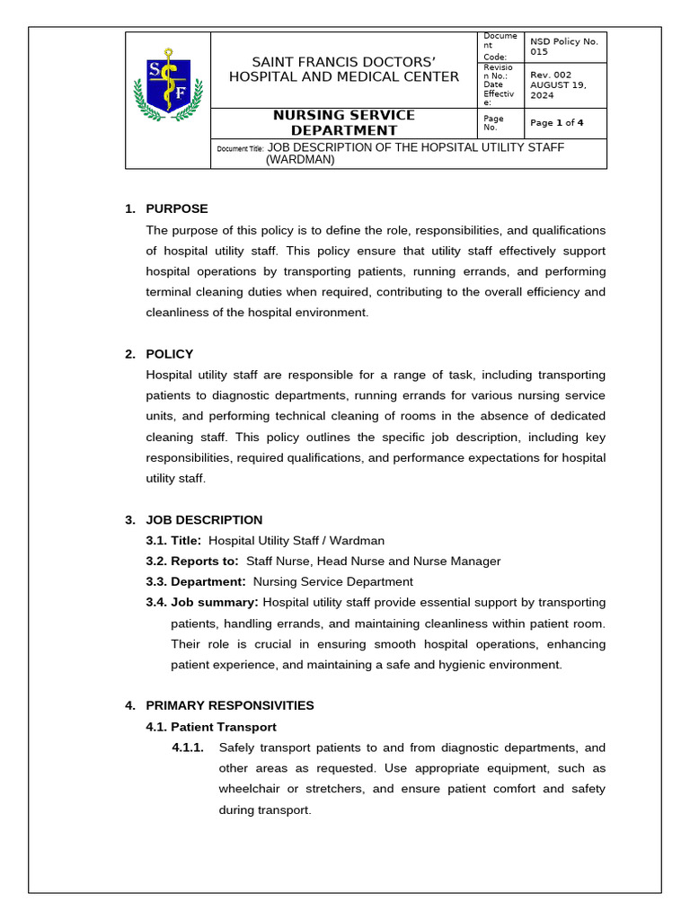 Hospital Utility Staff Job Description | PDF | Nursing | Hospital