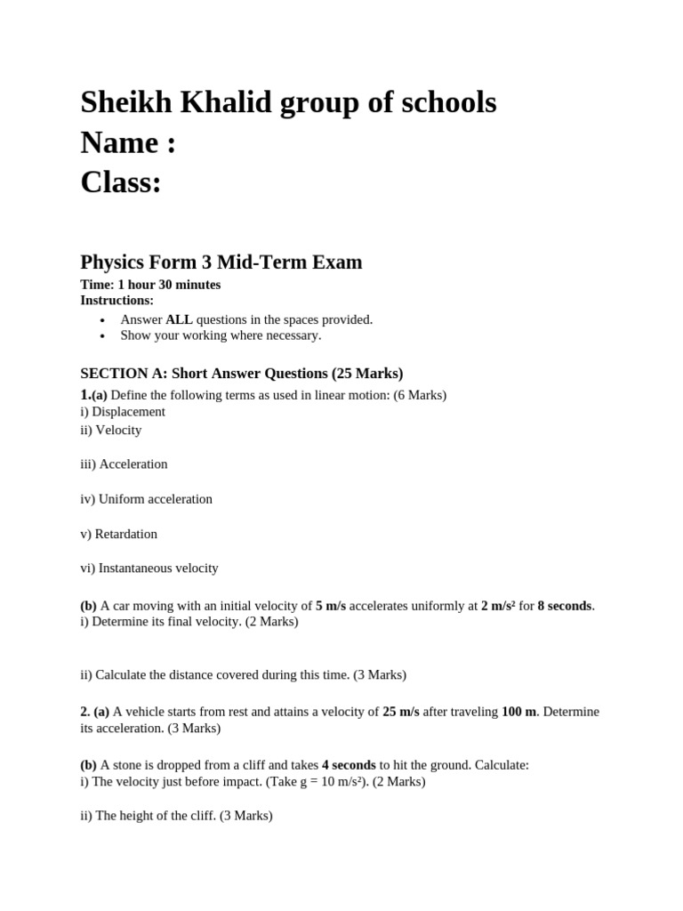 Form 3 Physics Mid-Term Exam Paper | PDF