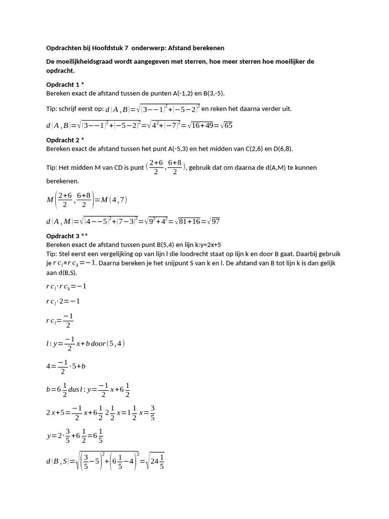 Opdracht bij Hoofdstuk 7 AFSTAND Wiskunde | PDF