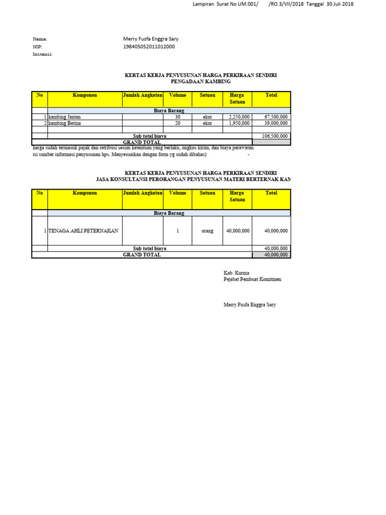 Lampiran 4 - Form Harga Perkiraan Sendiri (HPS) Pengadaan Kambing Dan Pengadaan Konsultan ...