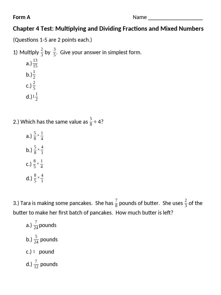 Chapter 4 Test: Multiplying and Dividing Fractions and Mixed Numbers ...