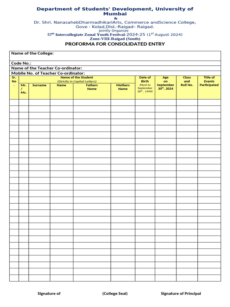 Proforma of Consolidated Students List | PDF