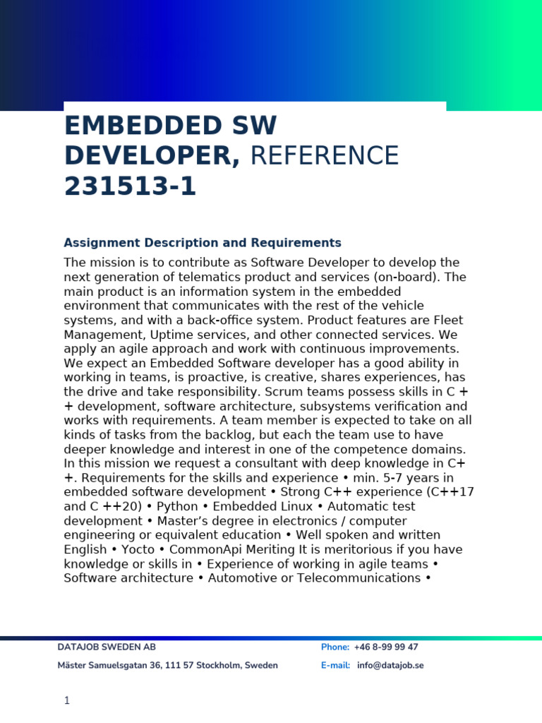 Embedded Software Developer Role | PDF