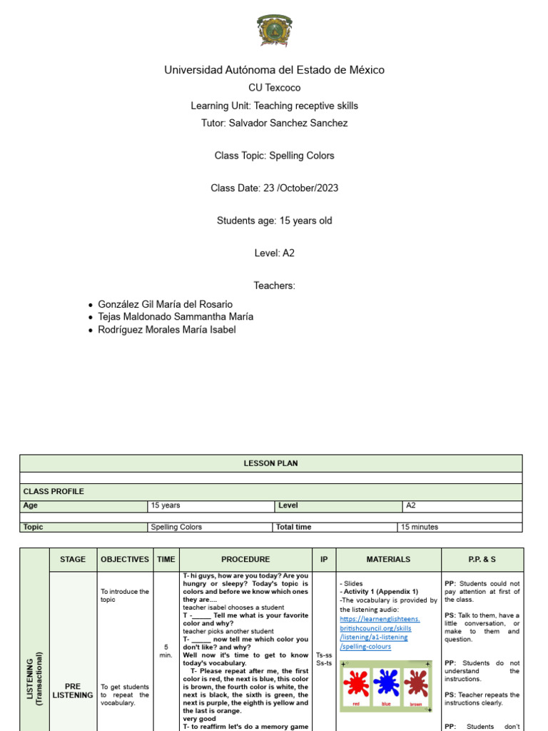 LESSON PLAN - SPELLING COLORS | PDF | Human Communication | Learning