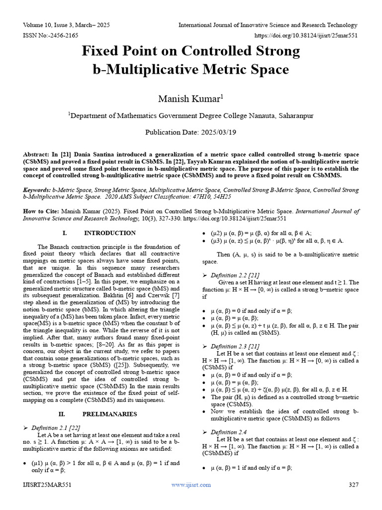 Fixed Point On Controlled Strong B-Multiplicative Metric Space | PDF | Sequence | Banach Space