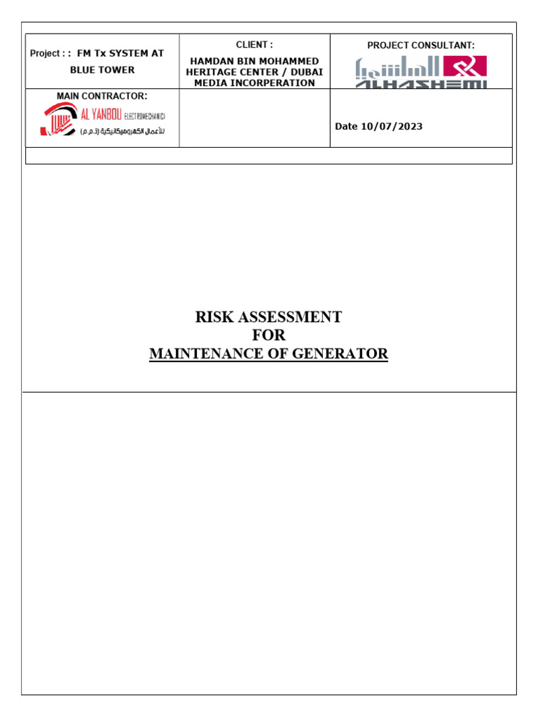 Generator Maintenance Risk Assessment | PDF | Personal Protective ...