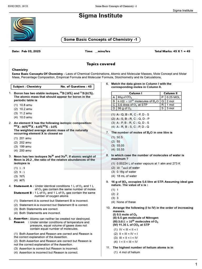 Some Basic Concepts of Chemistry - 1 QP | PDF | Mole (Unit) | Chemistry