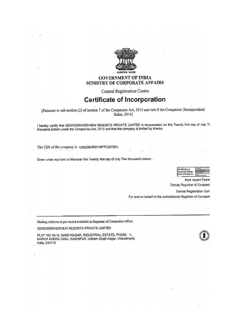 Incorporation Certificate | PDF