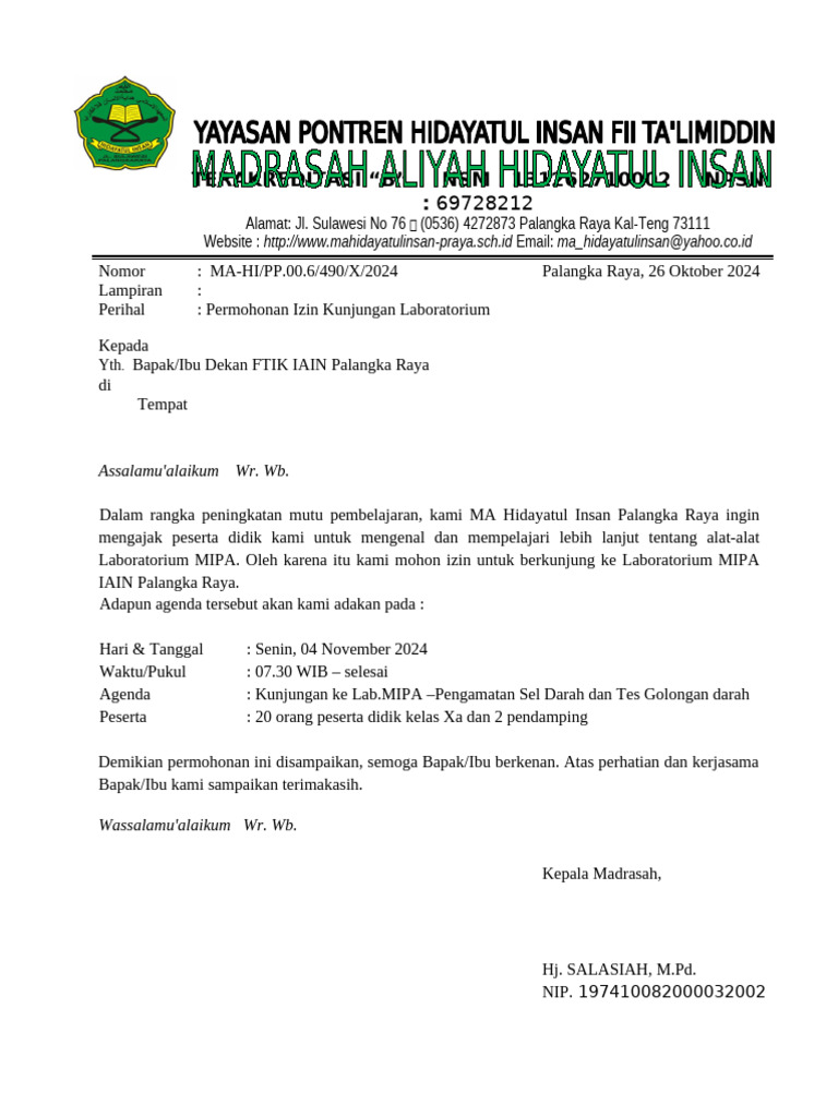 SURAT AJUAN KUNJUNGAN LAB IAIN 2024 | PDF