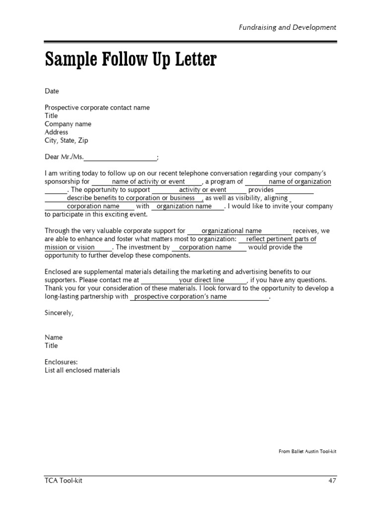 Sample Follow-Up Letter for Sponsorship | PDF