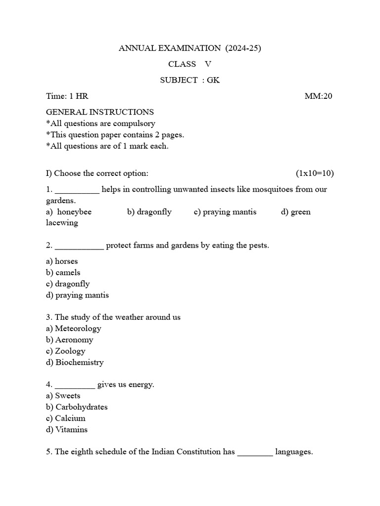 Class 5 Final GK Paper Shalini | PDF