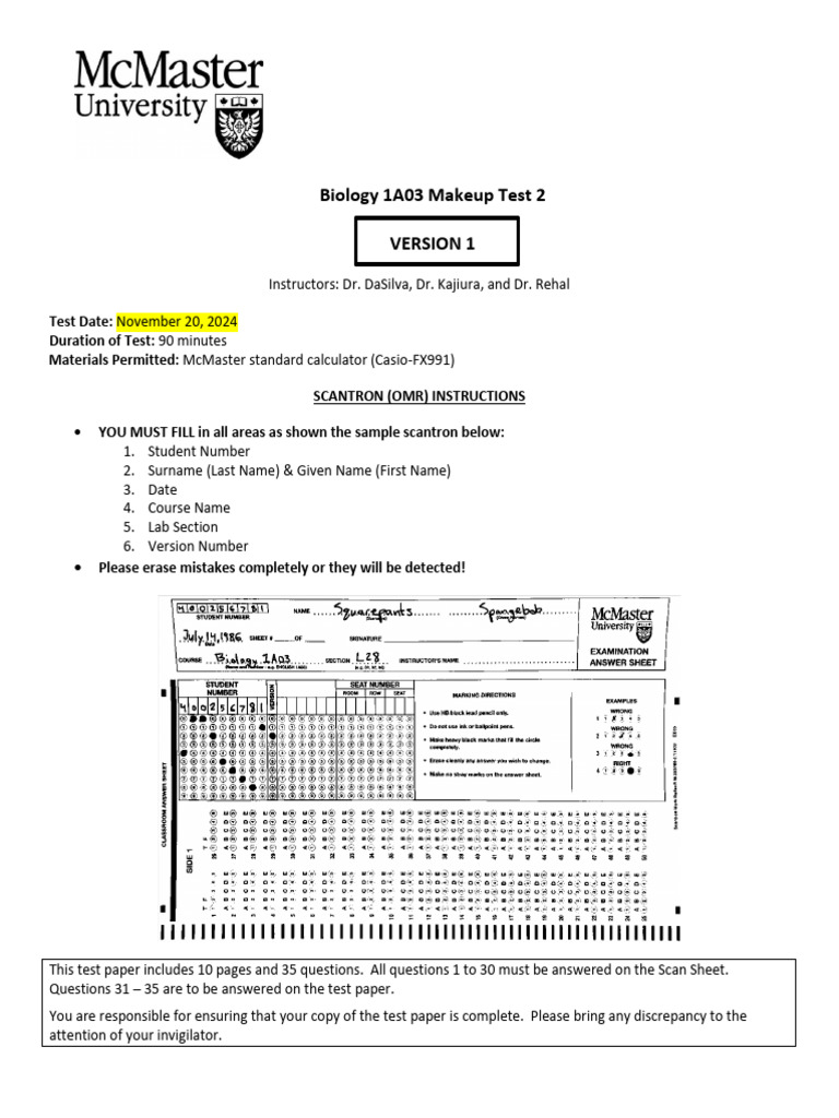 Bio1a03 Make-Up Test 2 - f2024 - Answers | PDF | Operon | Regulation Of ...