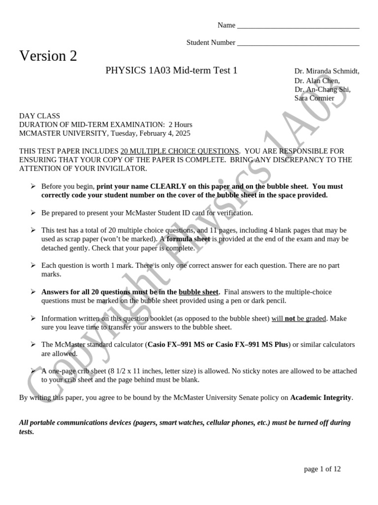 PHYSICS 1A03 W25 MT1 Version 2 Answers | PDF | Velocity | Reynolds Number
