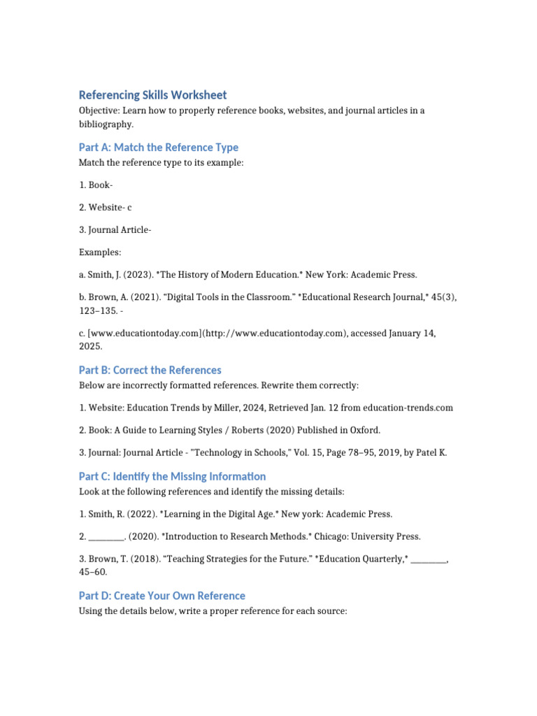 Referencing Skills Worksheet | PDF