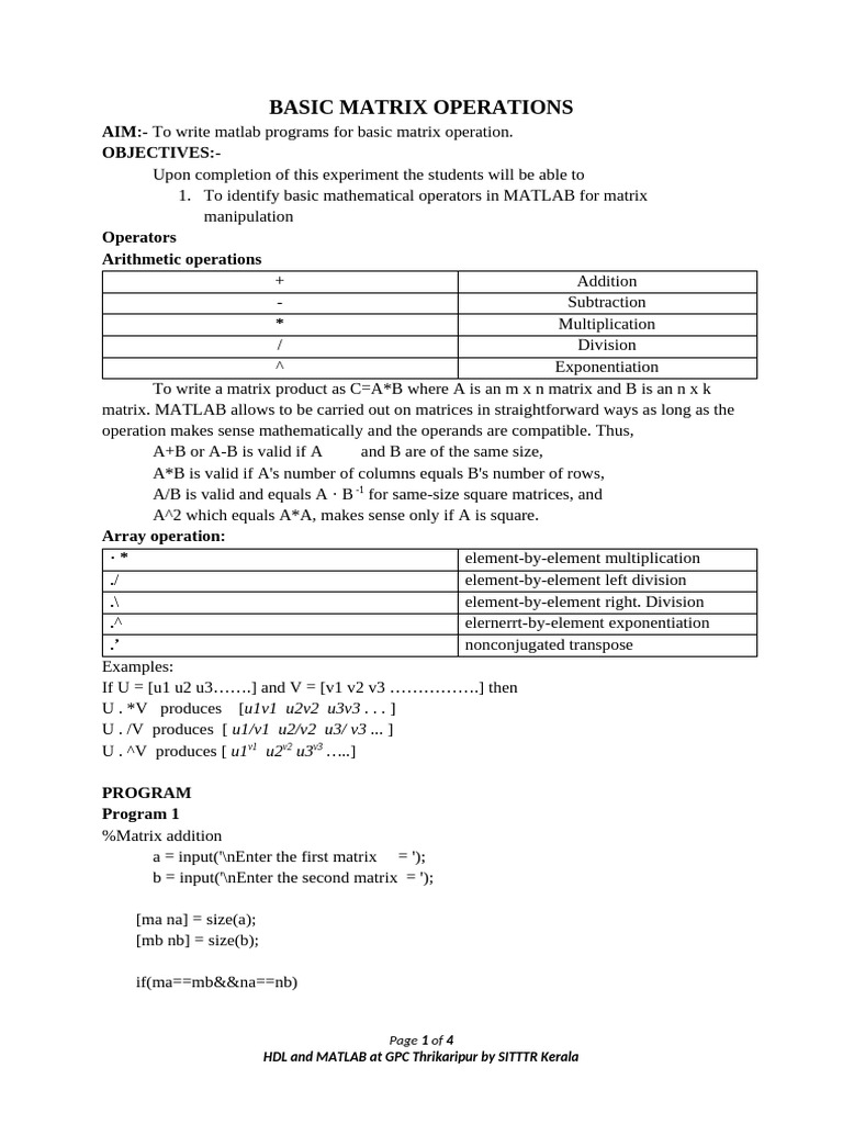 8 Basic Matrix Operations | PDF | Matrix (Mathematics) | Matlab