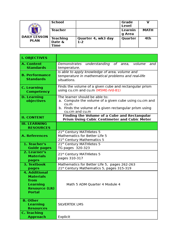 Math 5 DLP q4 Week 3 Day 1 2 Welrose A. Rizada | PDF | Volume | Area