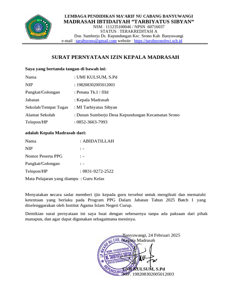 Format-Surat-Ijin-Kepala-MADRASAH UNTUK PPG | PDF