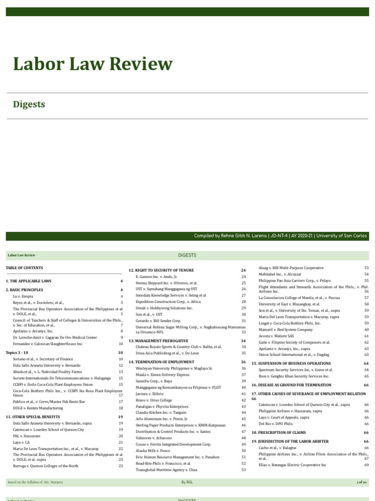 Labor Law Review DIGESTS | PDF | Employment | Legal Liability