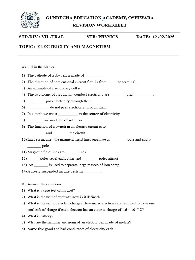 Electricity and Magnetism Worksheet VII | PDF | Electricity | Electric ...