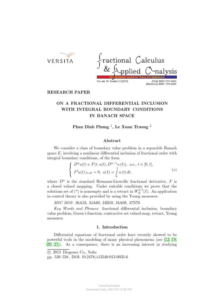 On A Fractional Differential Inclusion Pdf Banach Space Mathematical Analysis