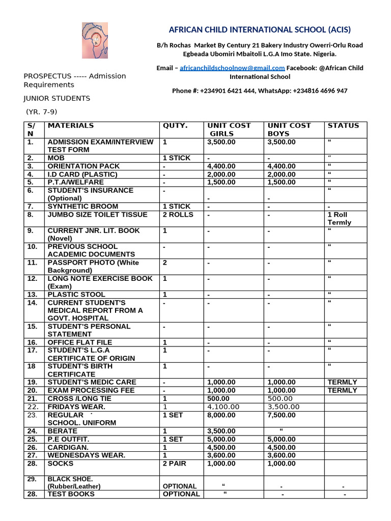 ACIS Prospectus-Admin Requirements JNR. | PDF