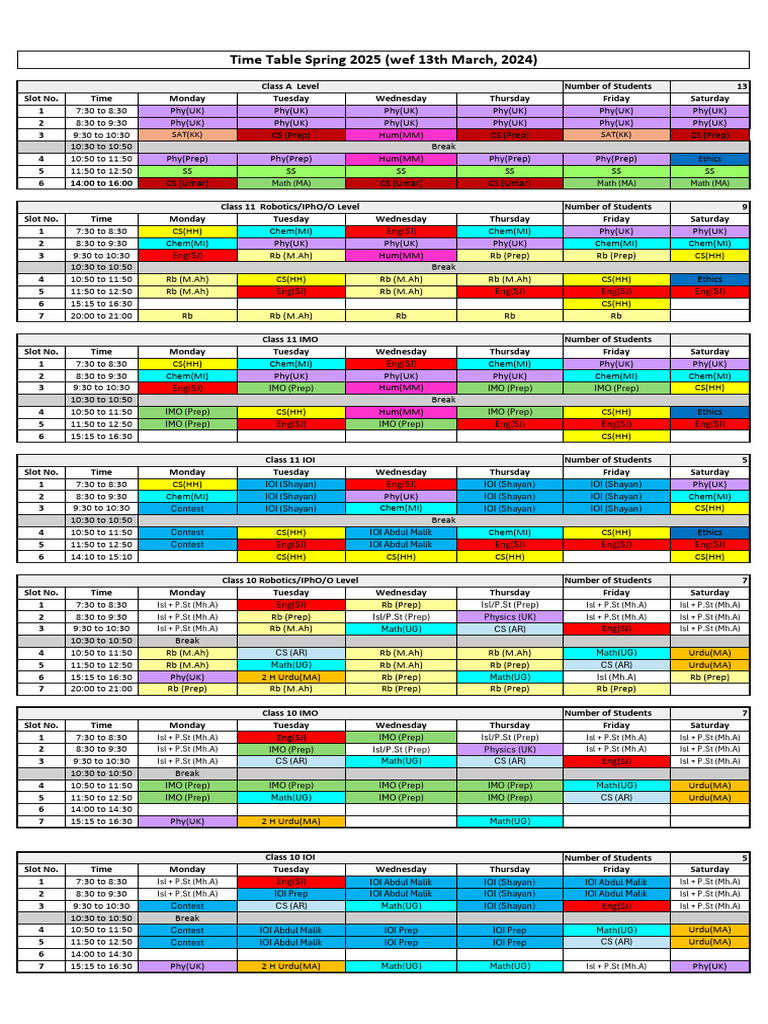 13-March Timetable Spring 2025 V2 | PDF
