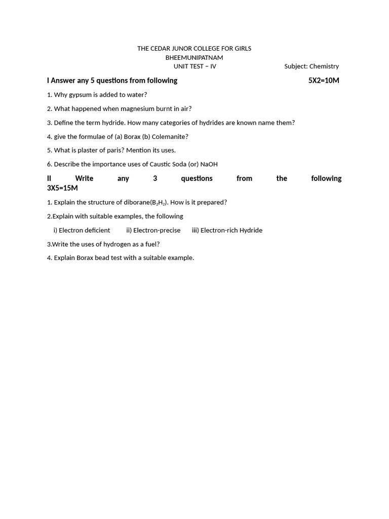 Chemistry Unit Test IV for Girls College | PDF
