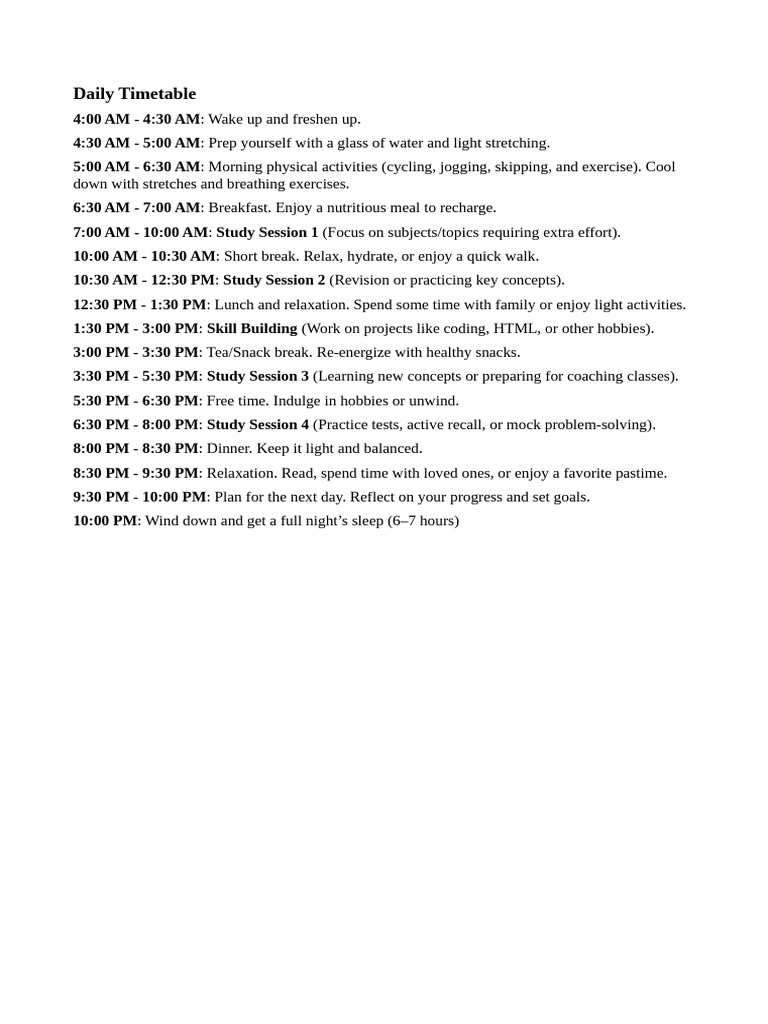 Daily Study and Activity Timetable | PDF