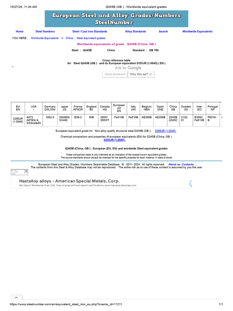 Q345B (GB) - Worldwide Equivalent Grades | PDF | Steel | Metals