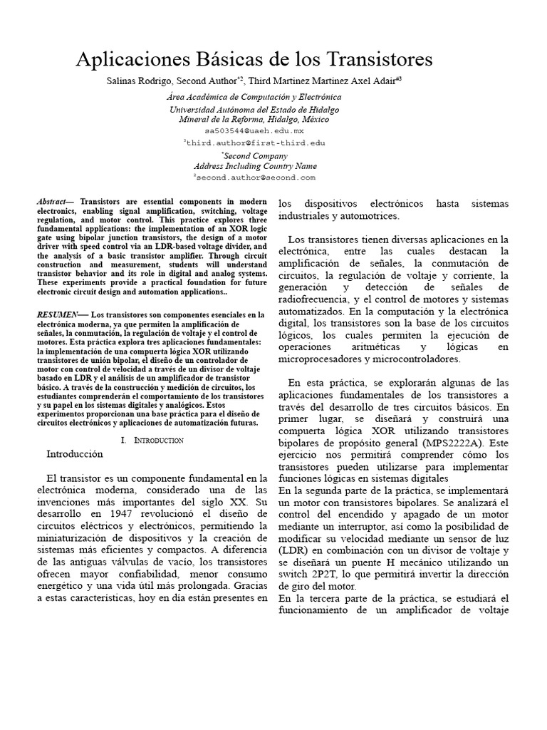 Aplicaciones Básicas de los Transistores.docx | PDF | Electrónica | Transistor