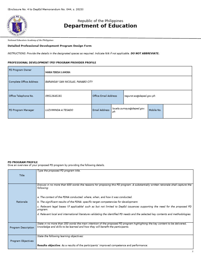 Enclosure No. 4 Detailed PD Program Design and M_E Plan Form | PDF | Learning | Knowledge