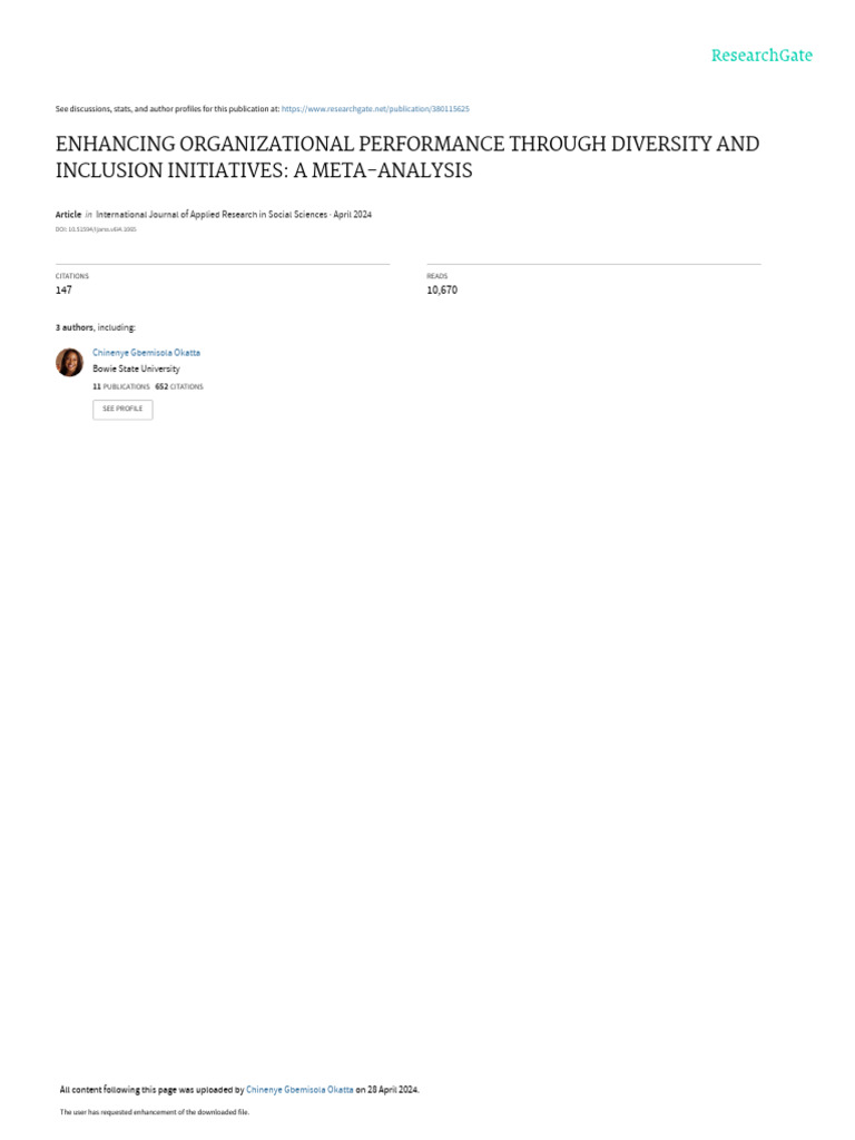 Enhancing Organizational Performance Through Diversity and Inclusion Initiatives A Meta Analysis ...