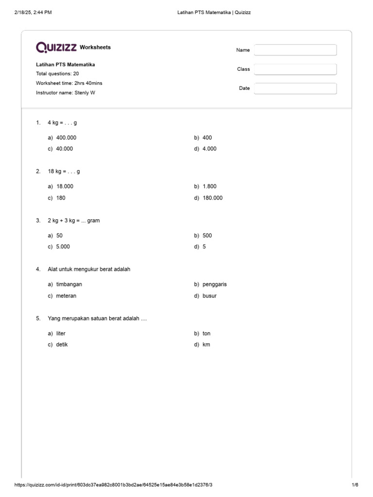 Quizizz - Latihan PTS Matematika | PDF