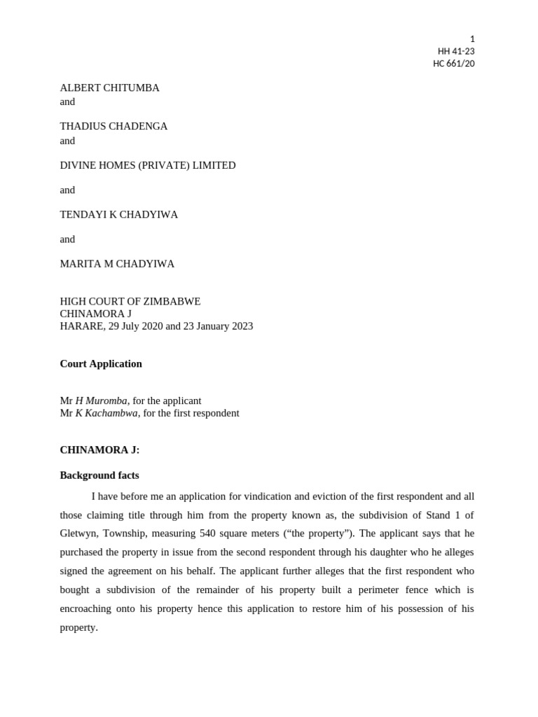 Chitumba V Chadenga and 3 Others (41 of 2023) 2023 ZWHHC 41 (23 January ...