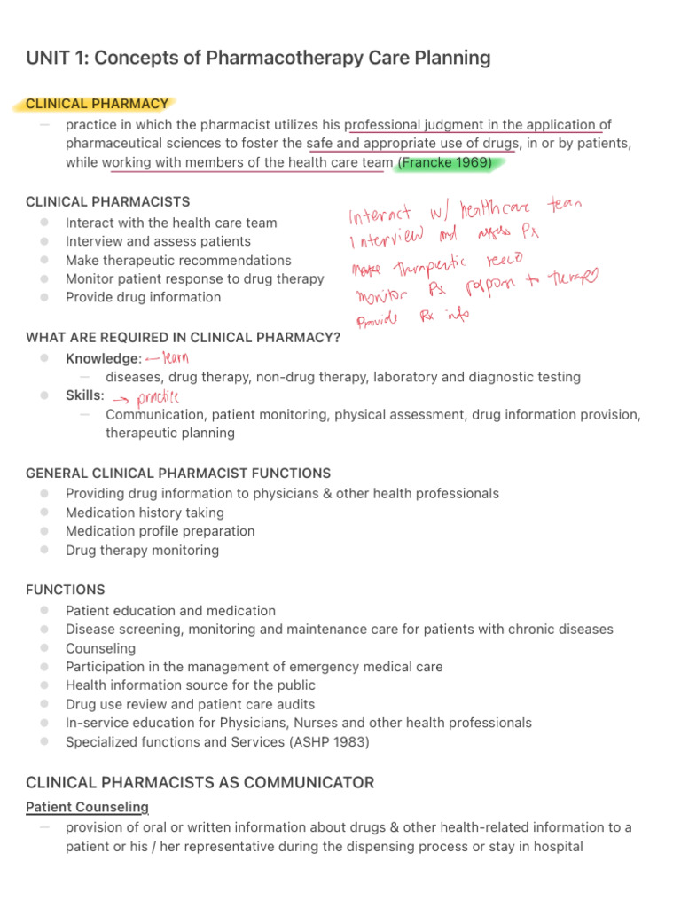 UNIT 1: Concepts of Pharmacotherapy Care Planning | PDF | Pharmacy ...